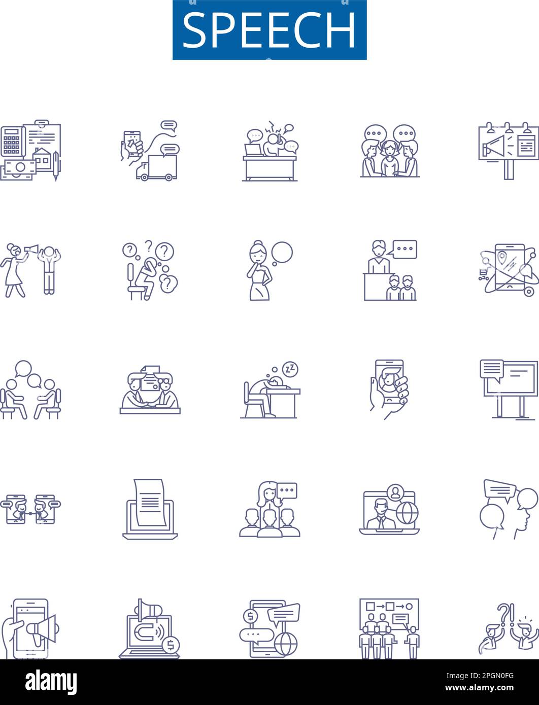 Speech line icons signs set. Design collection of Speech, Oral, Address, Oratory, Talk, Lecture ...