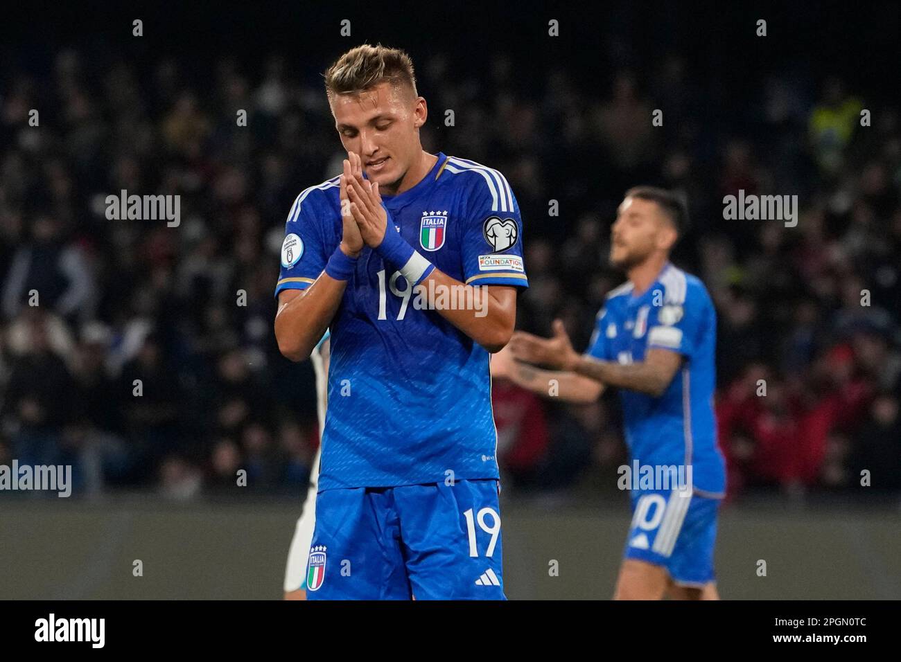 Italy's Mateo Retegui reacts after missing an opportunity to score ...