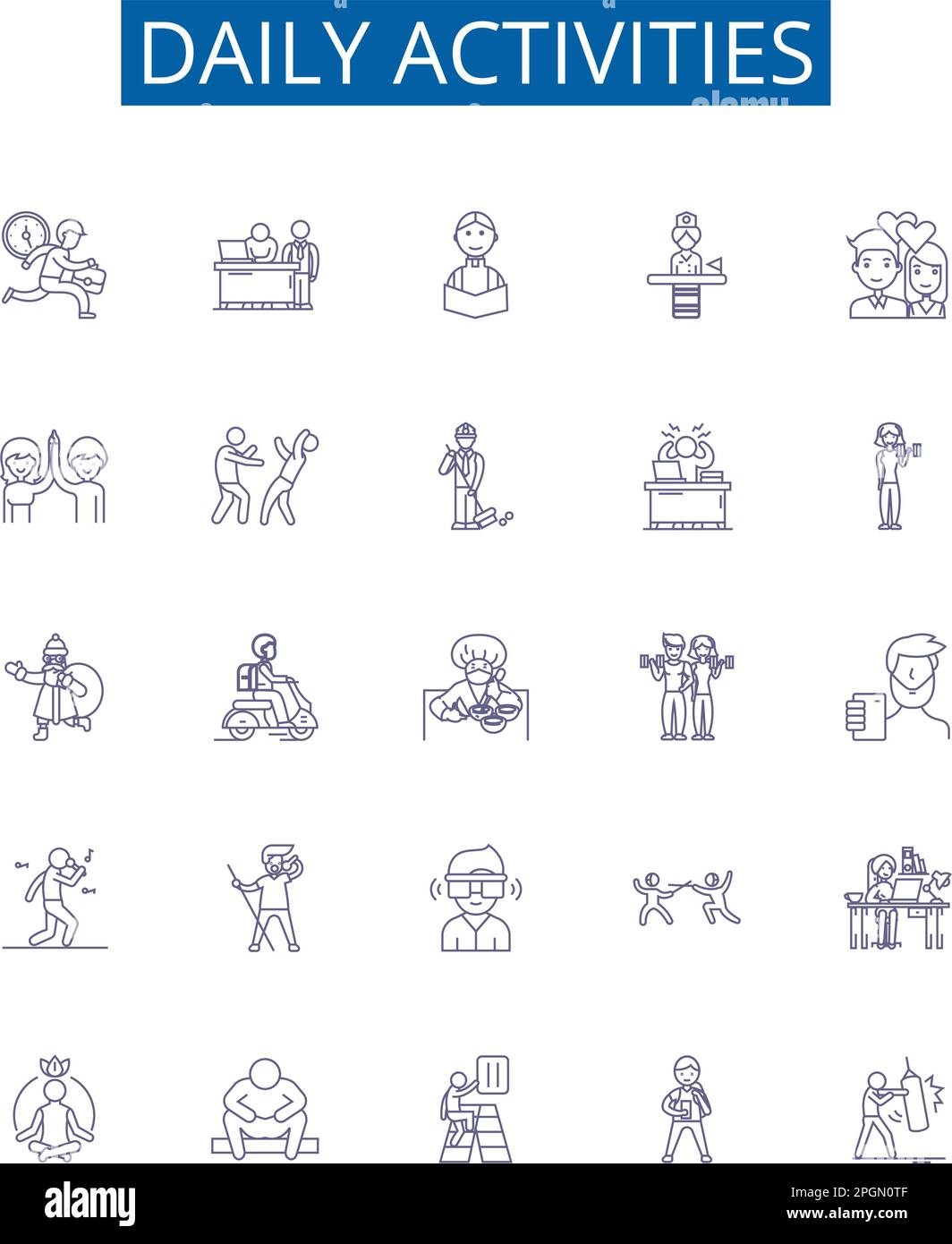 Daily activities line icons signs set. Design collection of Routine, Exercise, Work, Study ...