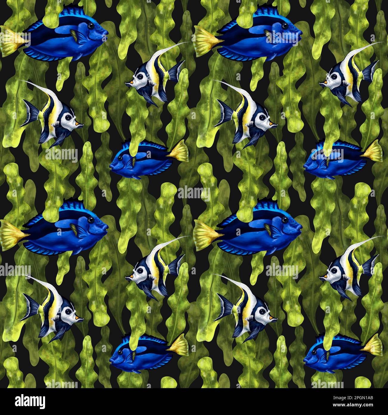 Seamless pattern with thickets of seaweed and blue exotic fish ...