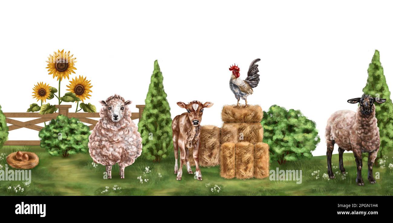Seamless banner with rural landscape and farm animals. For packaging ...