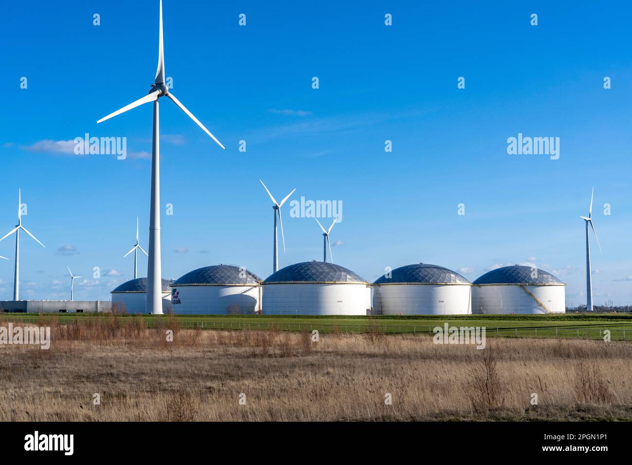 Vopak tank terminal in the industrial port of Eemshaven, Windpark ...