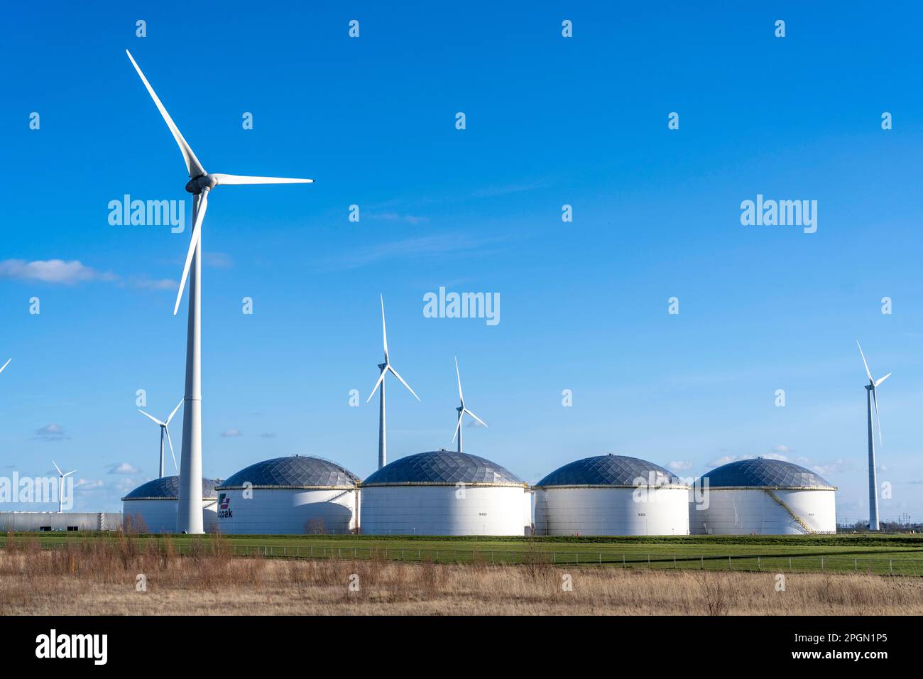 Vopak tank terminal in the industrial port of Eemshaven, Windpark ...