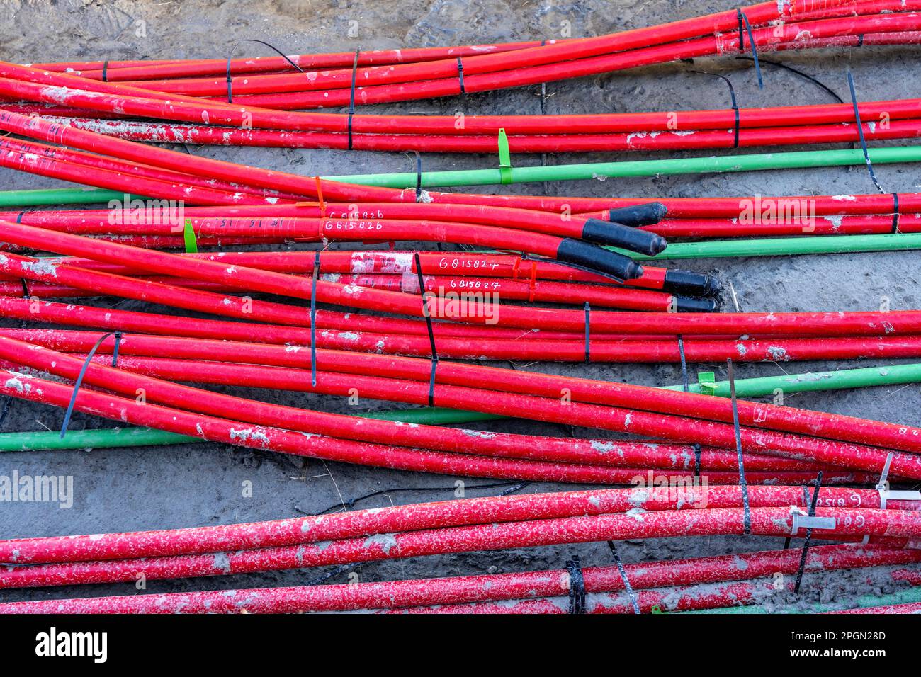 Power lines, underground cable strings transporting energy from wind ...