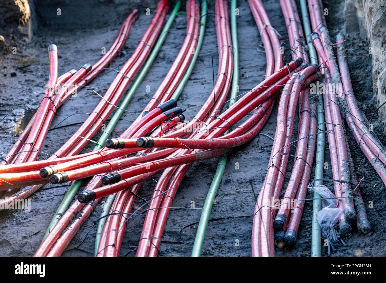 Power lines, underground cable strings transporting energy from wind ...