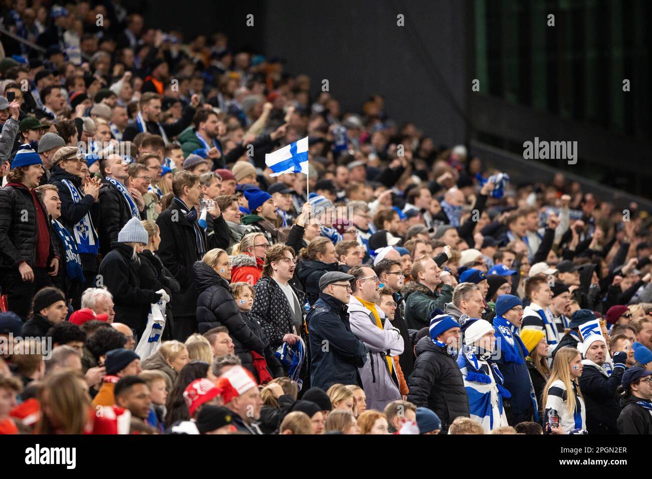 Copenhagen, Denmark. 23rd Mar, 2023. Football fans of Finland seen on ...