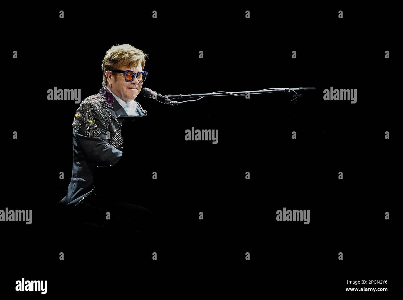 EDITORIAL USE ONLY Elton John performs on stage during his Farewell ...