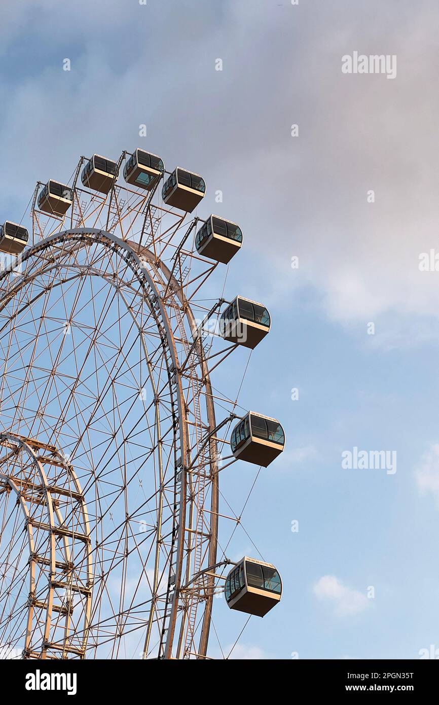 Cabins of the new Ferris wheel in Moscow Russia against sky with clouds ...