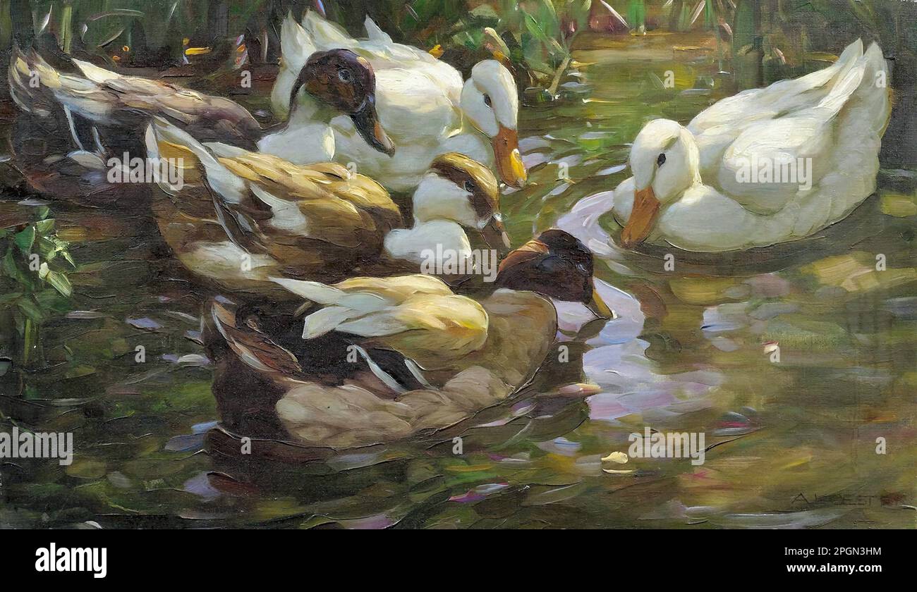 Koester Alexander - Five Ducks in a Pond - German School - 19th and ...