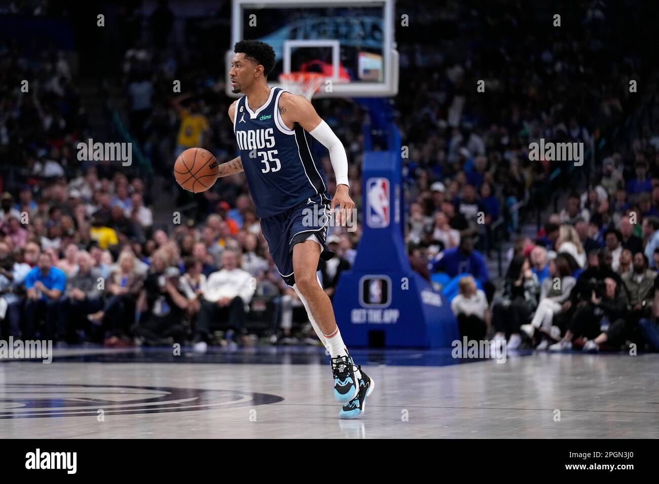 Dallas Mavericks forward Christian Wood works against the Golden State ...