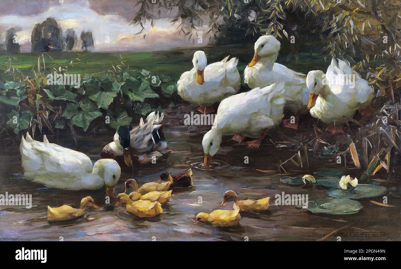 Koester Alexander - Ducks and Chicks by the Lake - German School - 19th ...