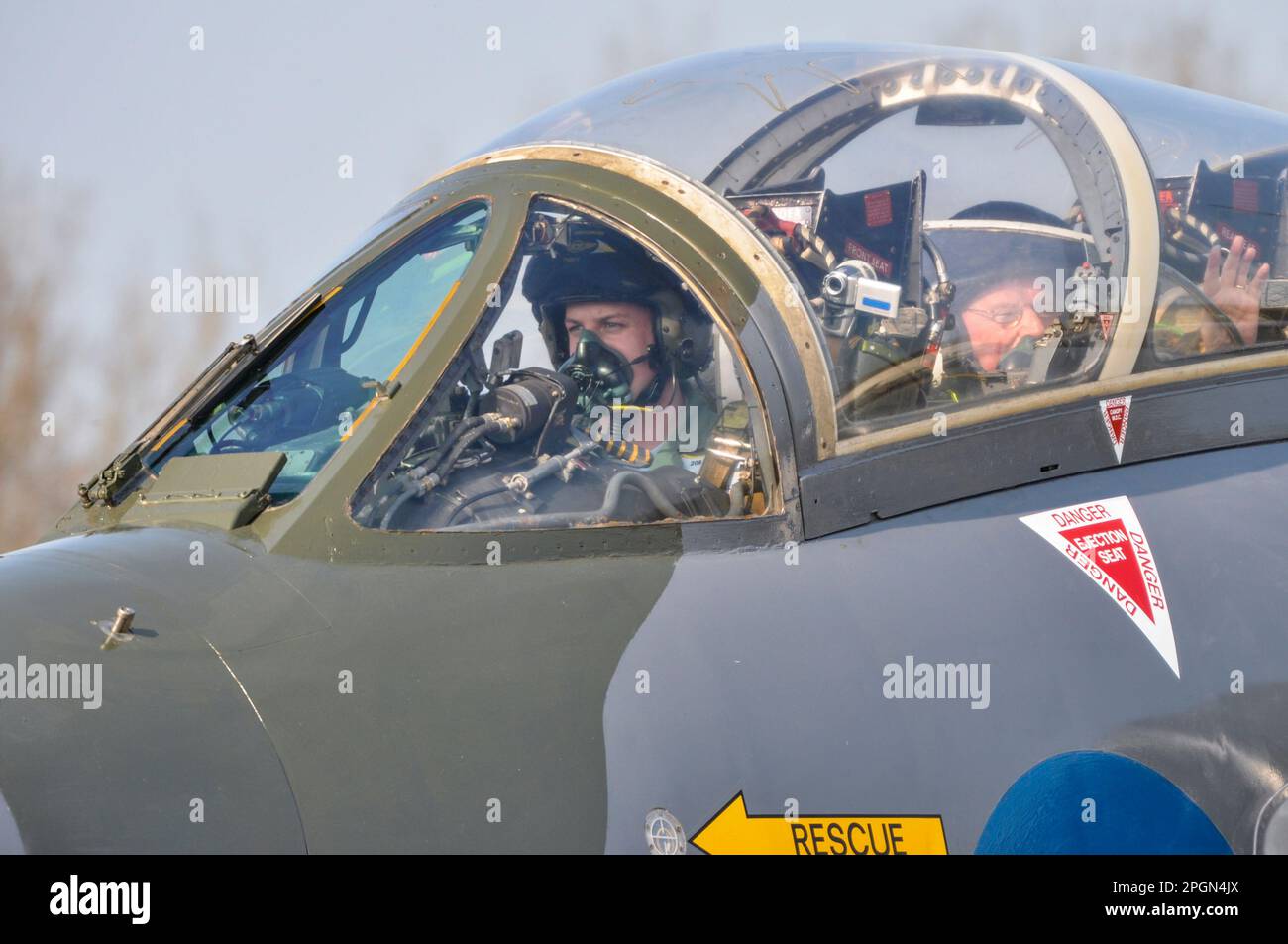 RAF pilot Flt Lt Ollie Suckling in cockpit of Blackburn Buccaneer S2B ...