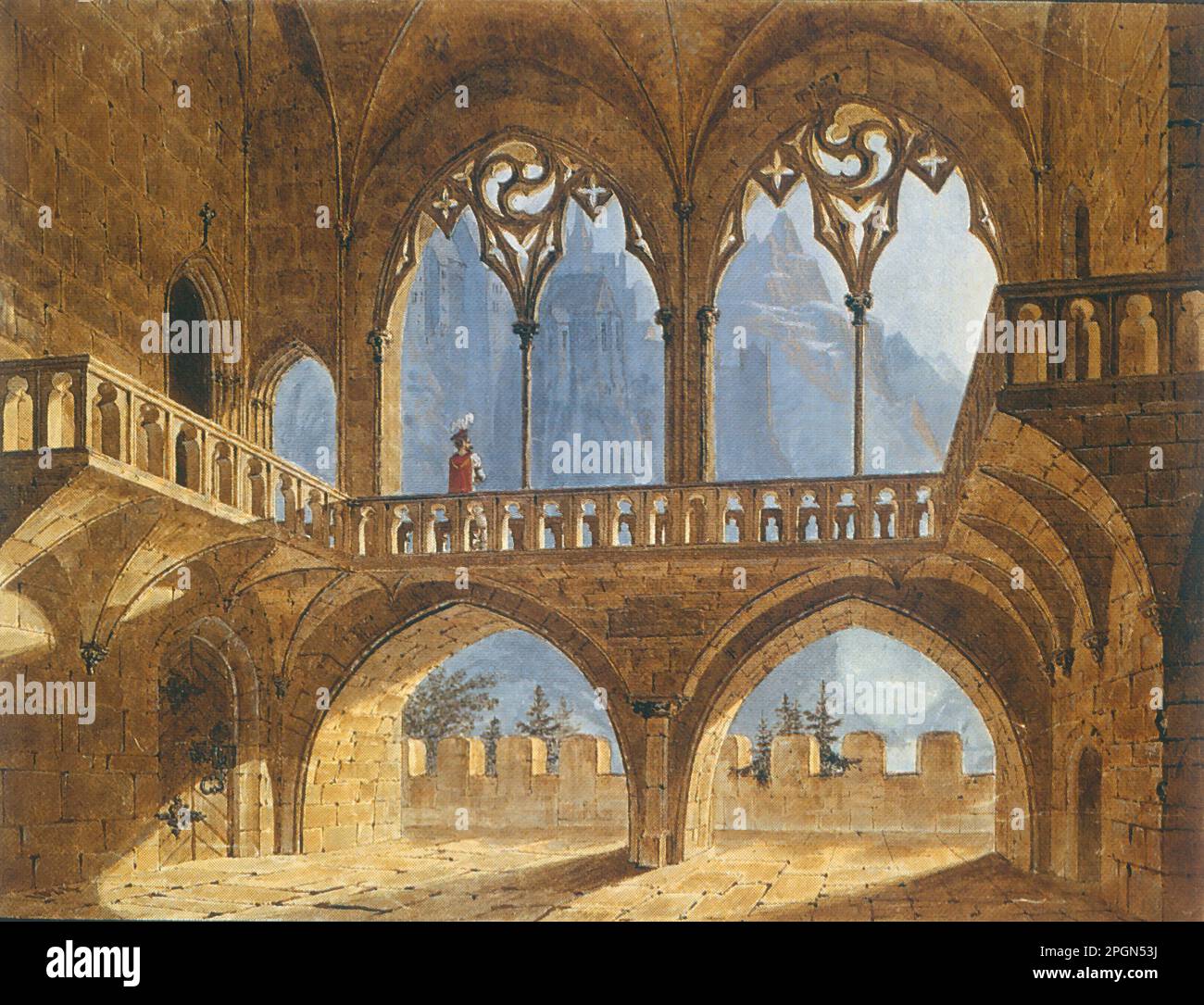 Blechen Carl - Gothic Castle Courtyard On Whose Gallery A Knight Stands ...