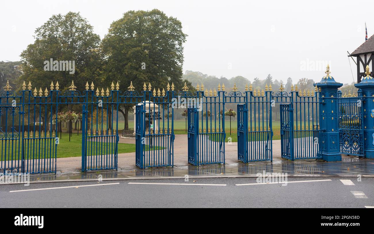 Blue gates that mark the entrance to Quarry Park, Shrewsbury ...