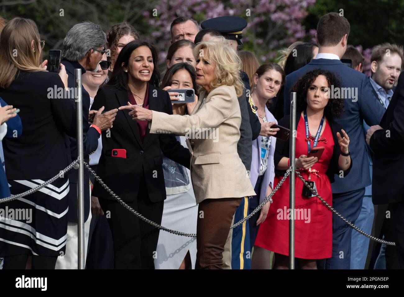 First lady Jill Biden greets a crowd on the South Lawn as she leaves ...