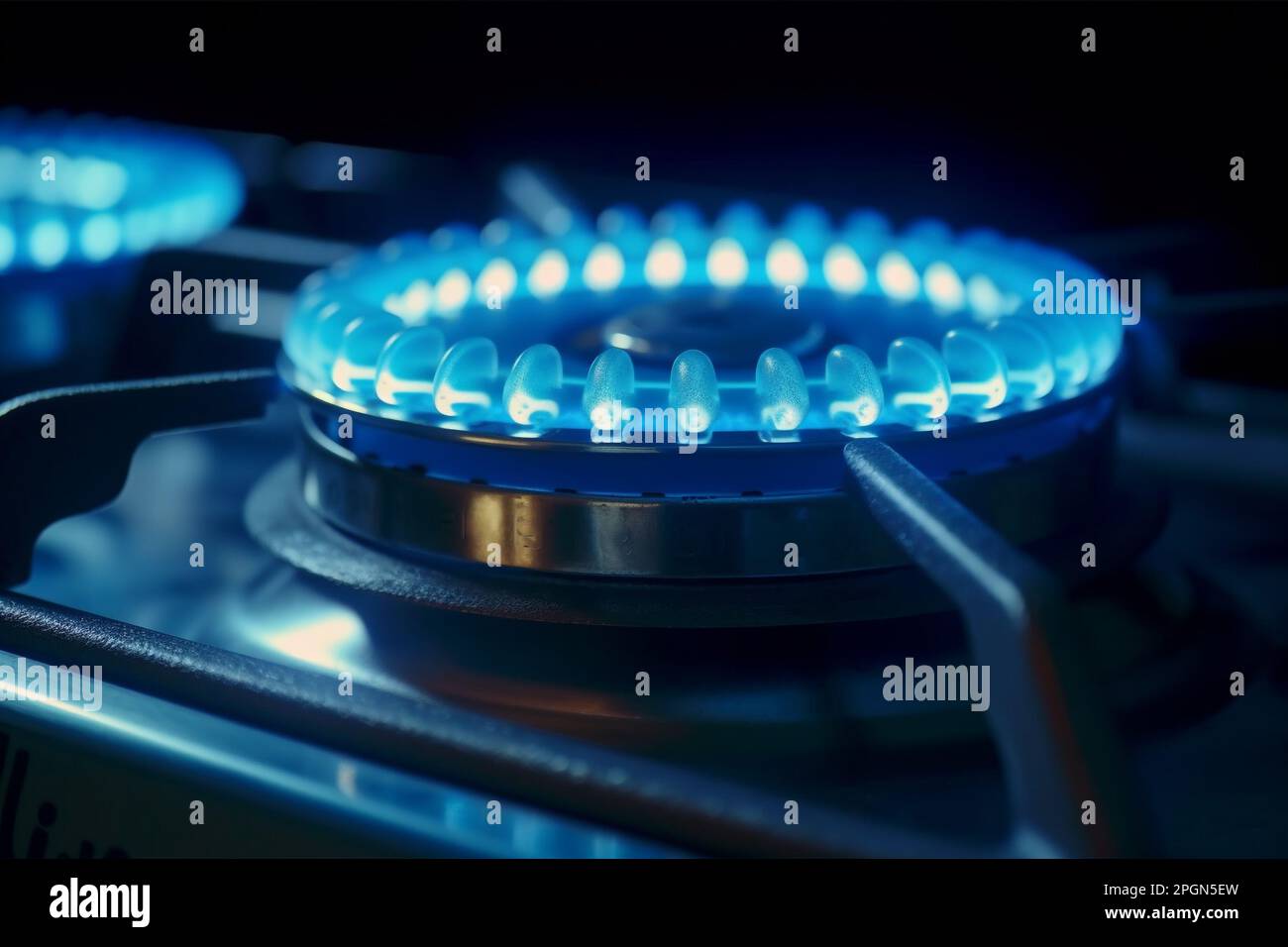 Closeup shot of blue fire from domestic kitchen stove top. Gas cooker ...