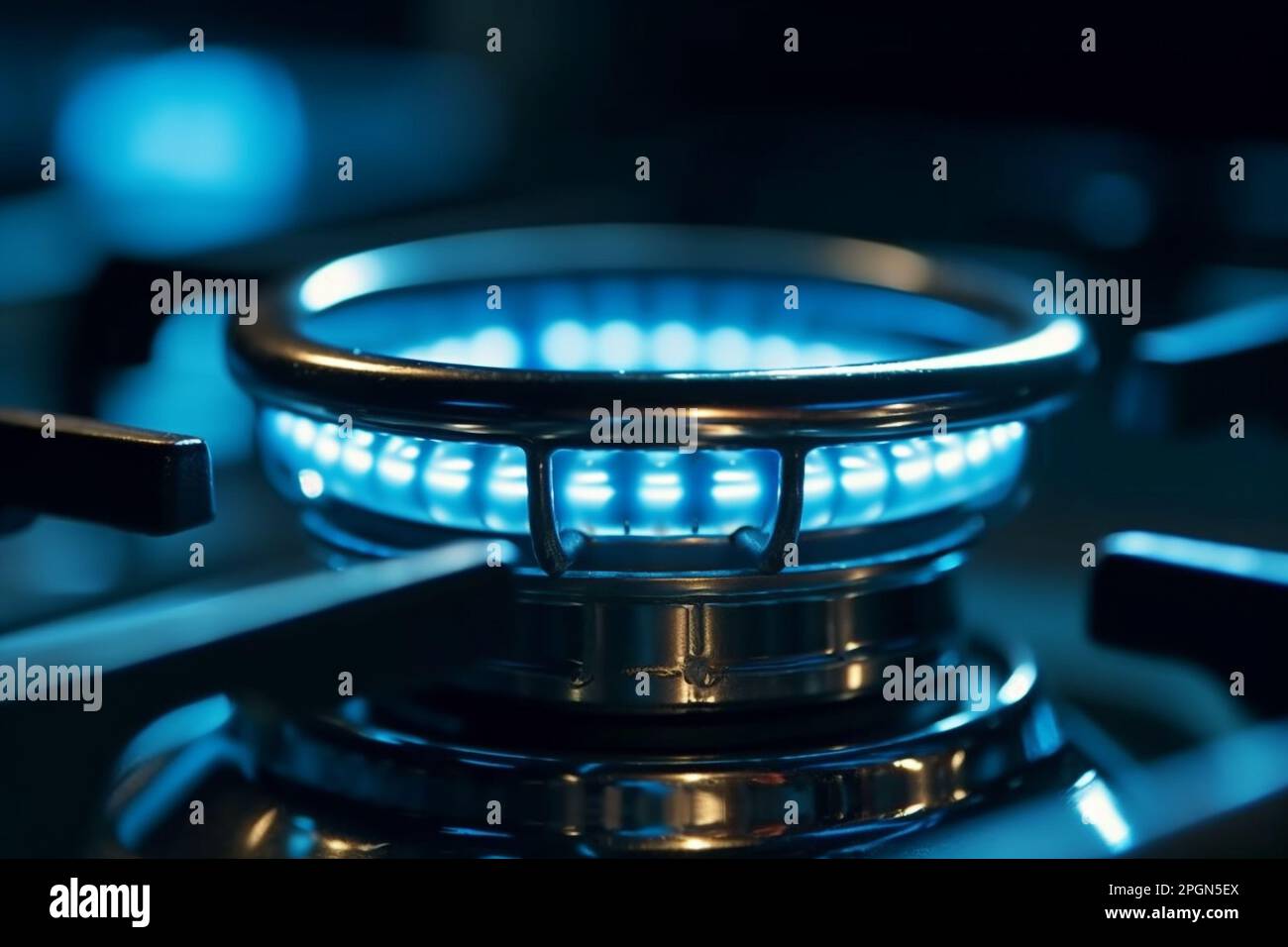 Closeup shot of blue fire from domestic kitchen stove top. Gas cooker ...