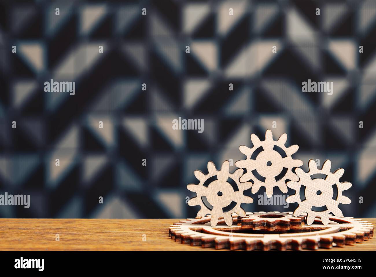 Wooden playable and mechanical cogwheels on the wide table. Children ...