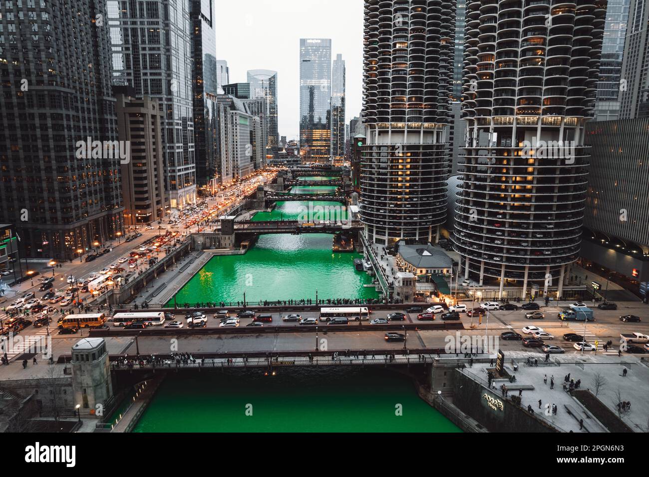 A stunning aerial view of the Chicago river winding through a cityscape ...