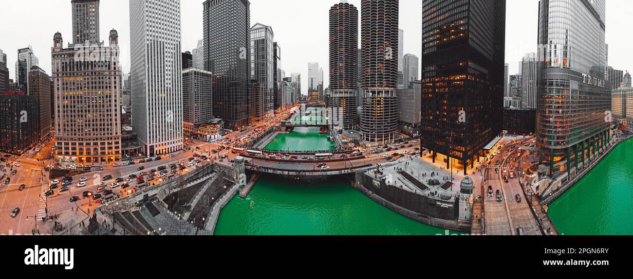 A stunning aerial view of the Chicago river winding through a cityscape ...