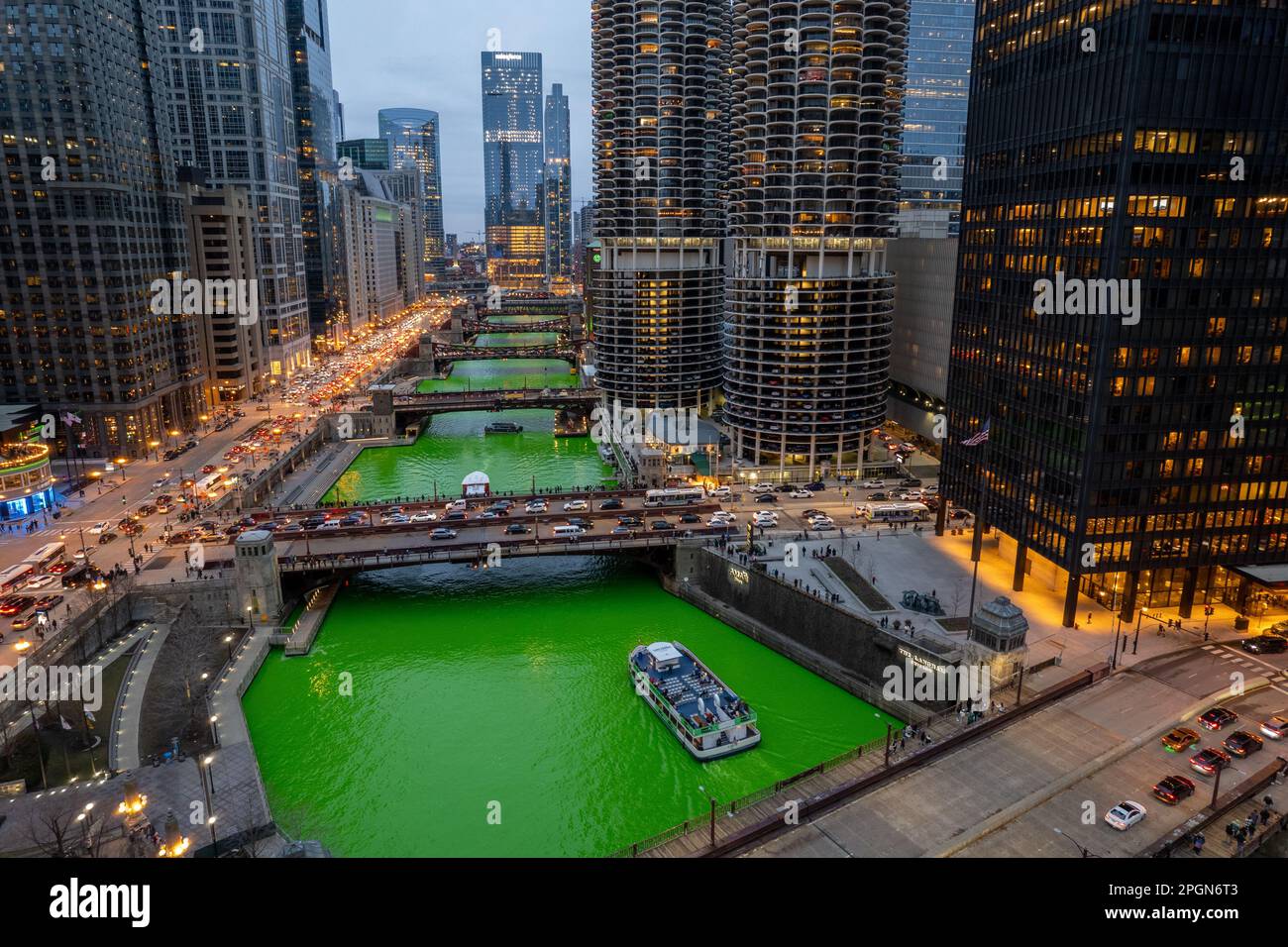 A stunning aerial view of the Chicago river winding through a cityscape ...