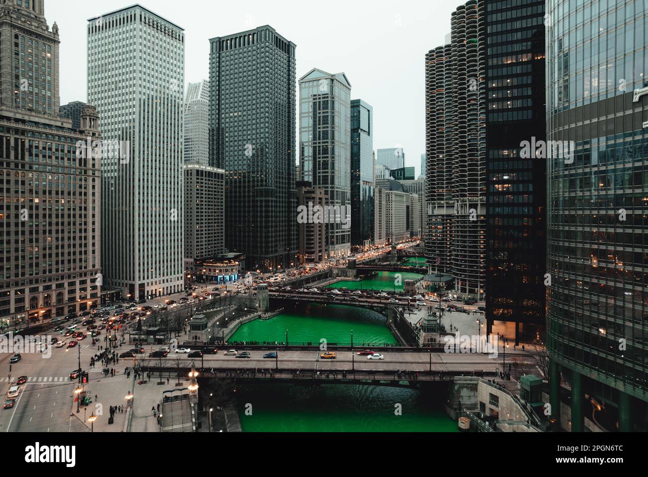 A stunning aerial view of the Chicago river winding through a cityscape ...