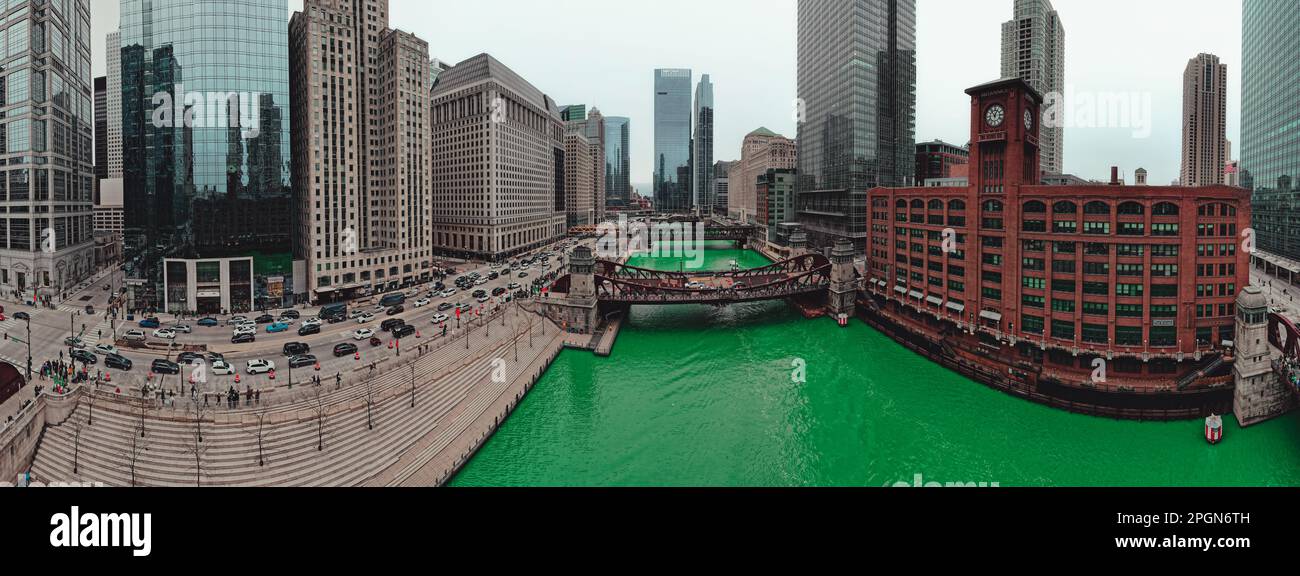 A stunning aerial view of the Chicago river winding through a cityscape ...