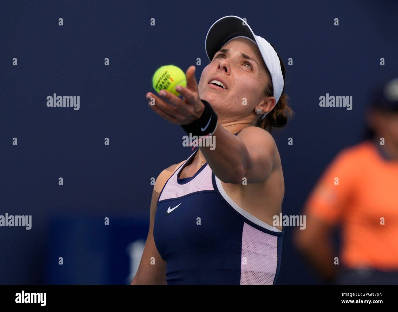Viktoriya Tomova of Bulgaria serves to Danielle Collins during the ...