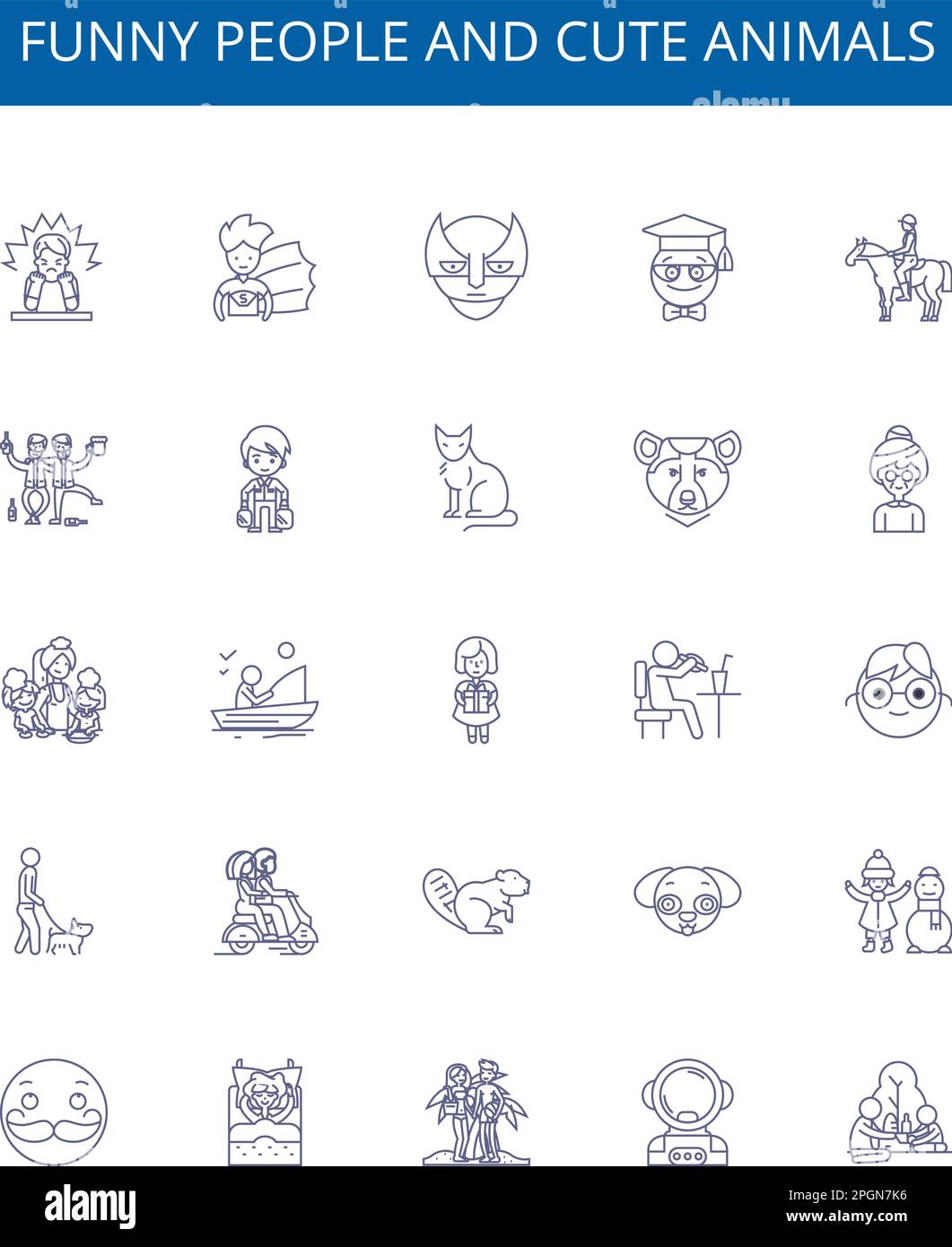 Funny people and cute animals line icons signs set. Design collection ...