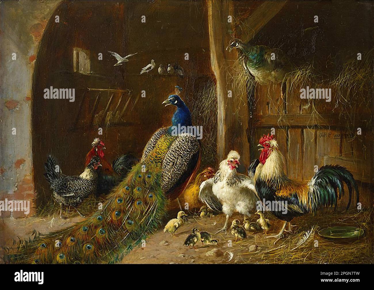 Scheuerer Julius - Barnyard Scene with Chickens and Peacocks - German ...