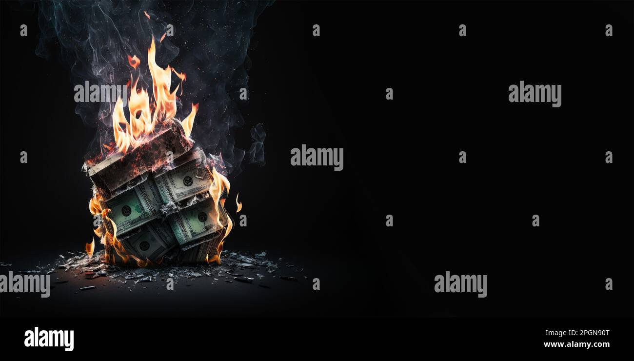 A pile of bills burning into ashes and smoke in a dark environment ...