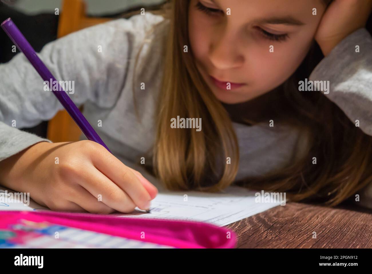 A young female student is diligently working on her studies, her ...