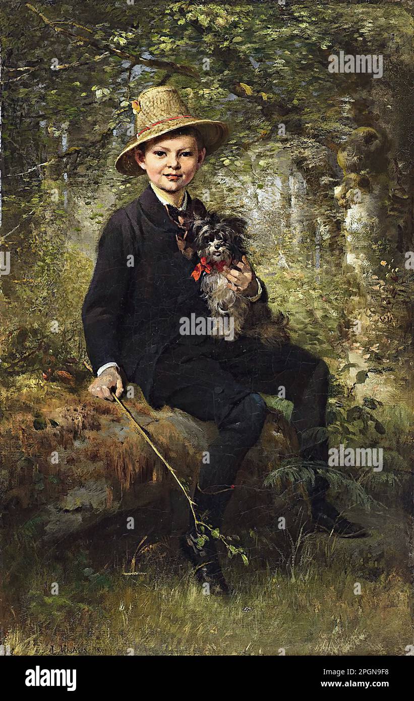Knaus Ludwig - Portrait of a boy with a dog in the forest - German ...