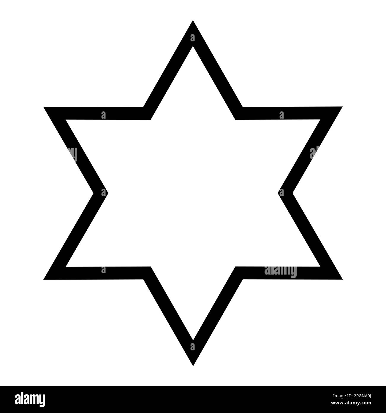 Simple monochrome vector graphic of a six pointed star on a white background. All sides and ...