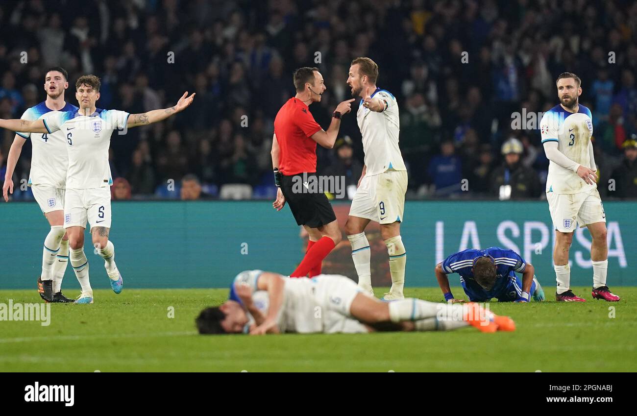 Match referee Srdjan Jovanovic speaks with England's Harry Kane during ...