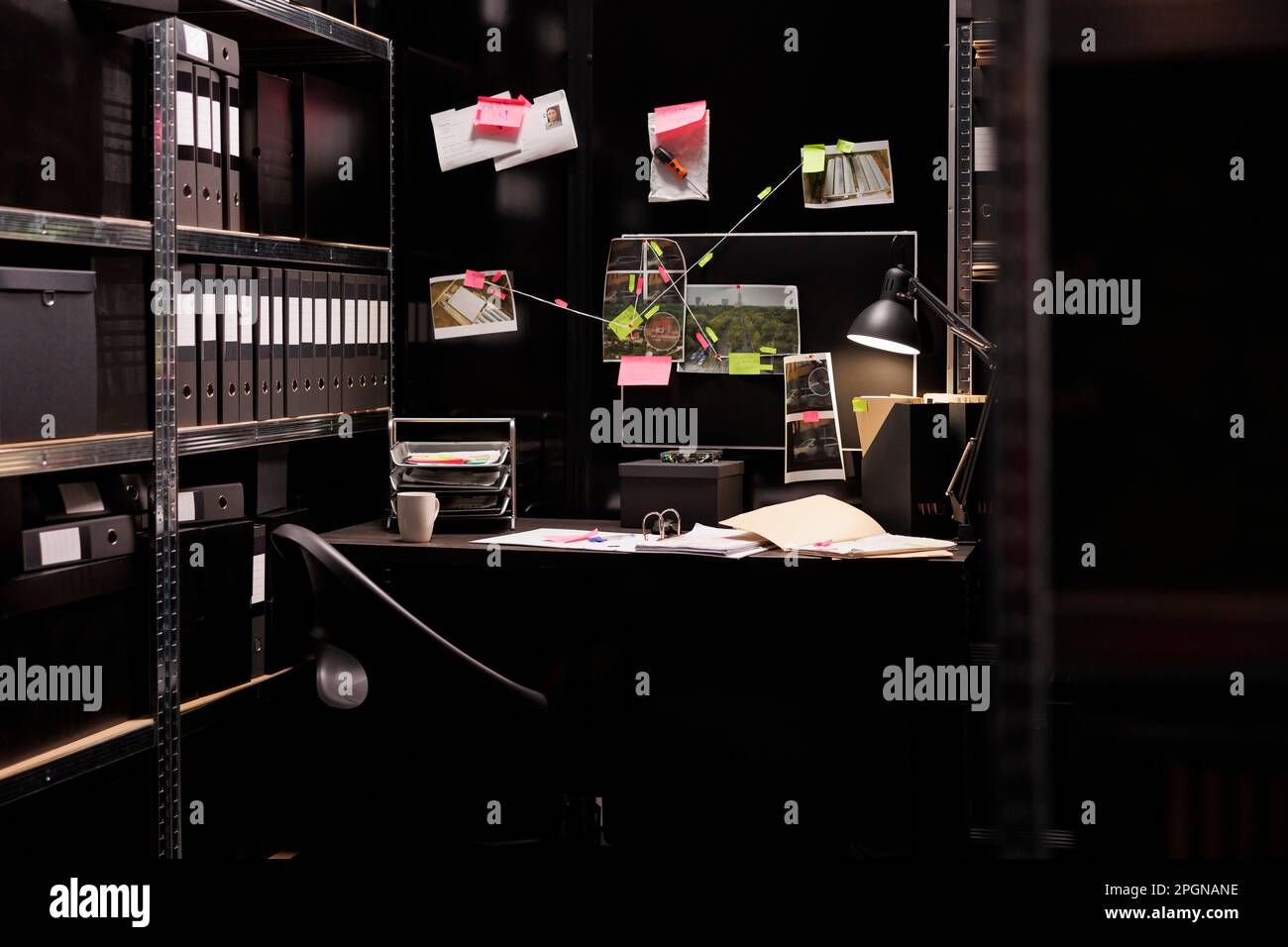 Empty detective space equipped with metallic storage full with federal ...