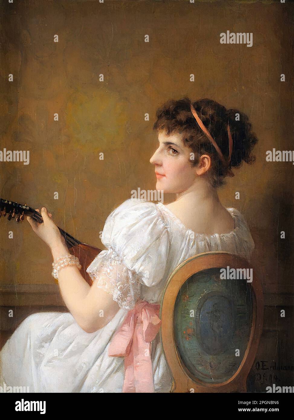 Erdmann Otto Wilhelm - A Pretty Guitar Player - German School - 19th ...