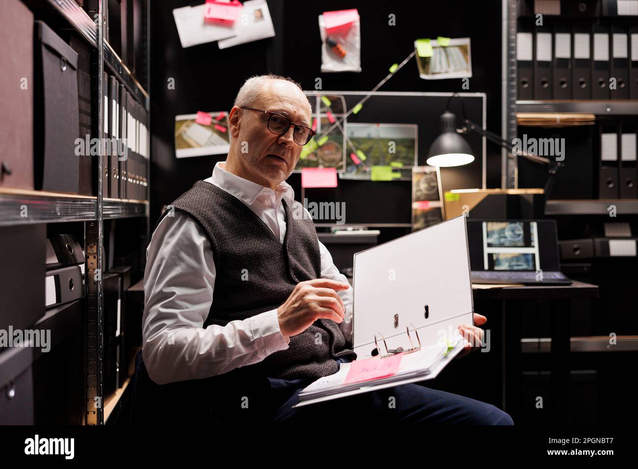 Senior police officer analyzing crime scene report, reading criminology ...
