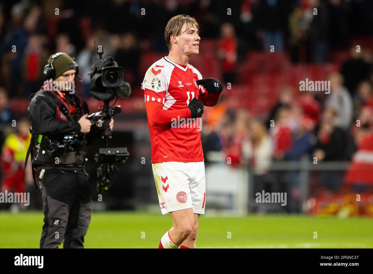 Copenhagen, Denmark. 23rd Mar, 2023. Hattrick hero Rasmus Hojlund (11 ...
