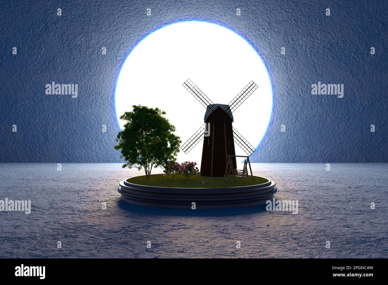 Miniature landscape of a country composition. A small windmill, a bench ...