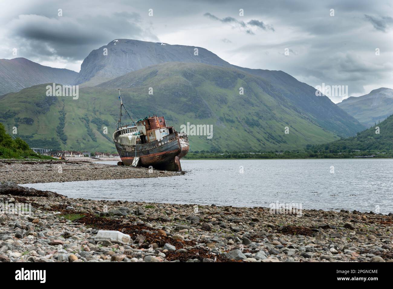 Scotland Corpach near Fort William. Ben Nevis and the Old Boat of Caol ...