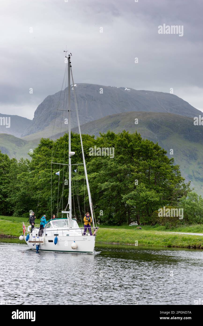 Scotland, Great Glen Way and the Caledonian Canal. Yacht approching ...
