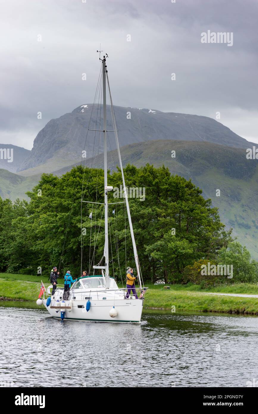 Scotland, Great Glen Way and the Caledonian Canal. Yacht approching ...