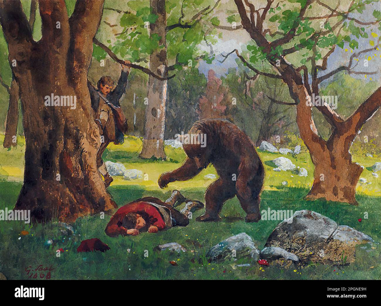 Hall Georg Eduard Otto - Noors Landschap Met Slapende Schilder En Beer ...