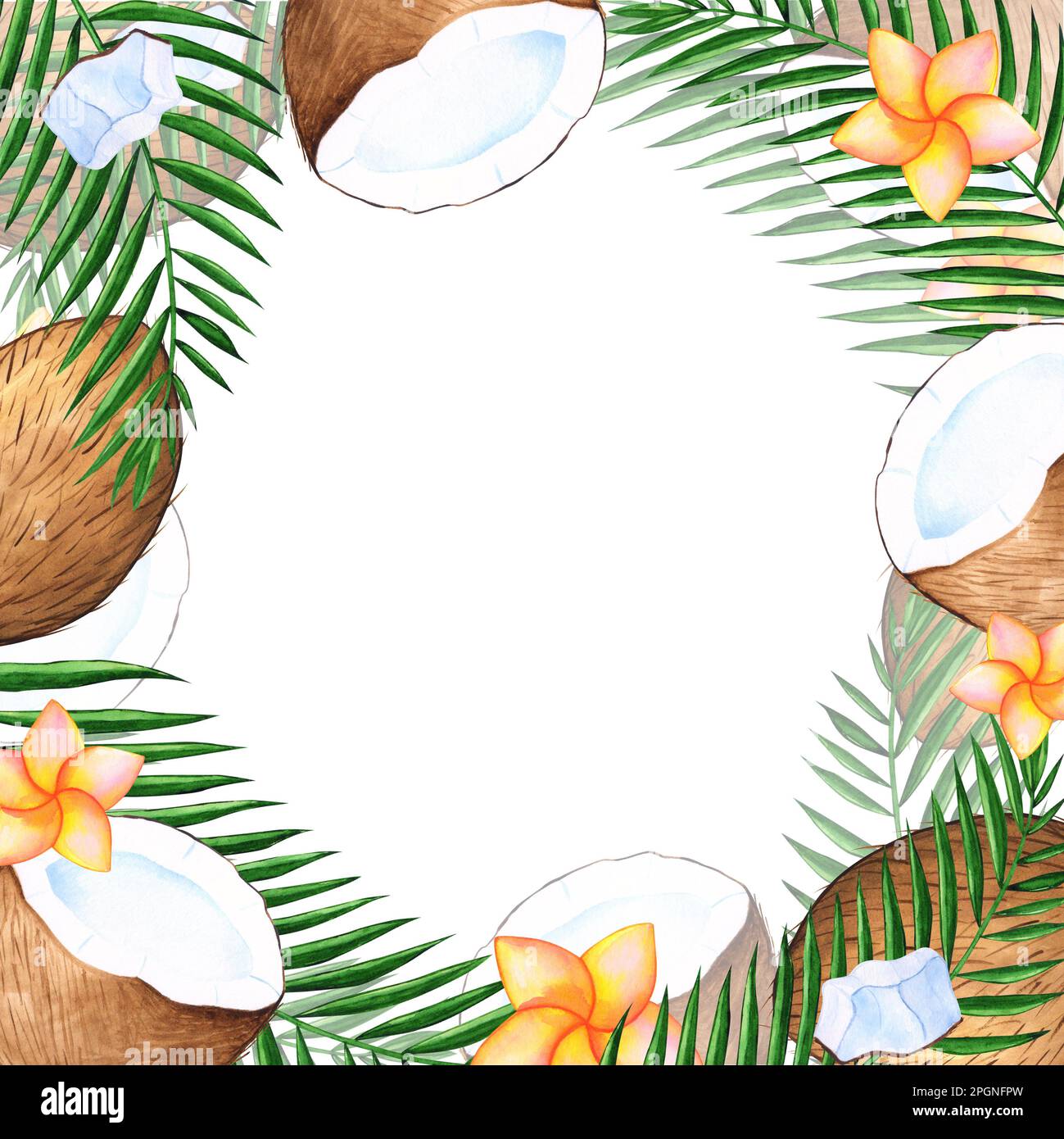 Watercolor coconut tropical framed illustration with palm leaf, flower ...