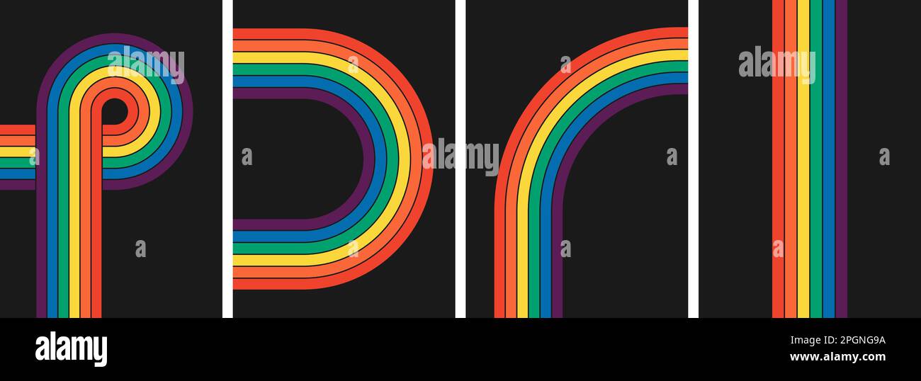 Retro groovy rainbow color striped poster set. Geometric hippie ...