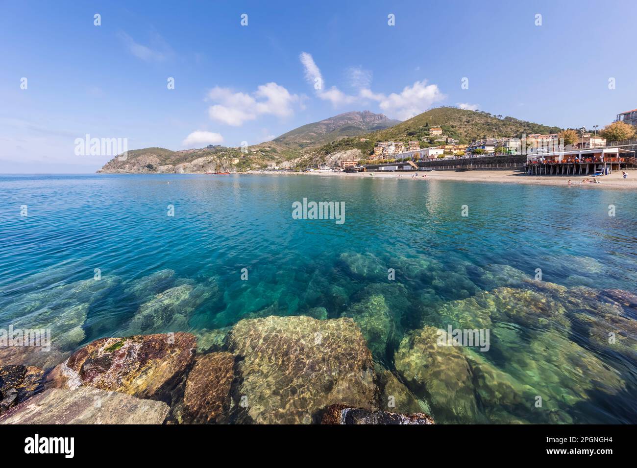 Italy, Liguria, Levanto, Seashore of Cinque Terre with Spiaggia Levanto ...