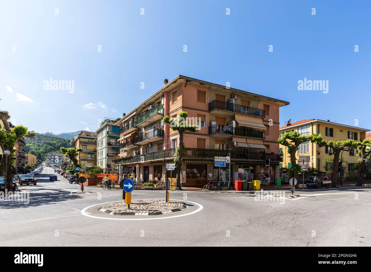 Italy, Liguria, Levanto, Traffic circle in town situated along Cinque ...