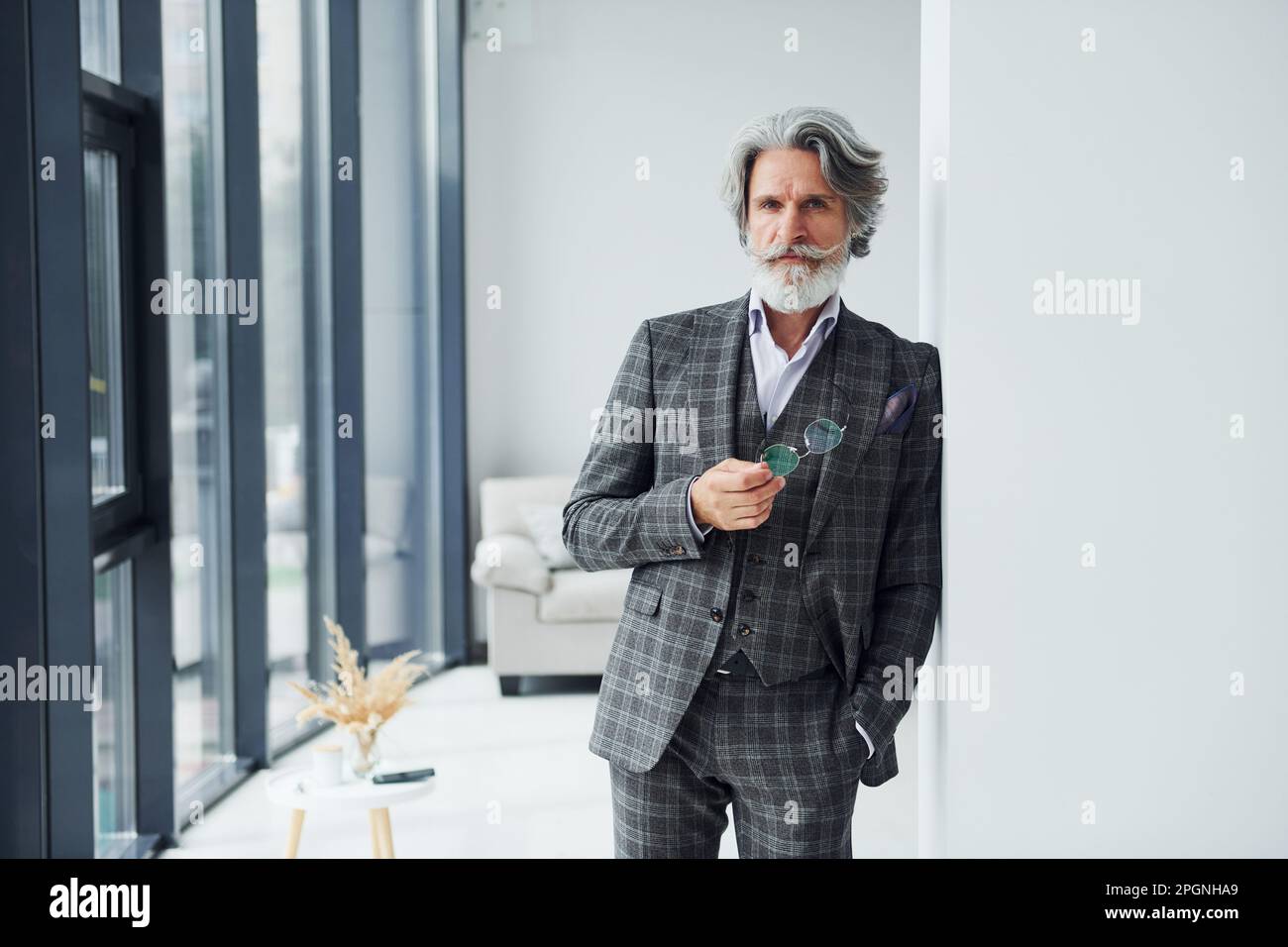 Standing in the room. Senior stylish modern man with grey hair and ...