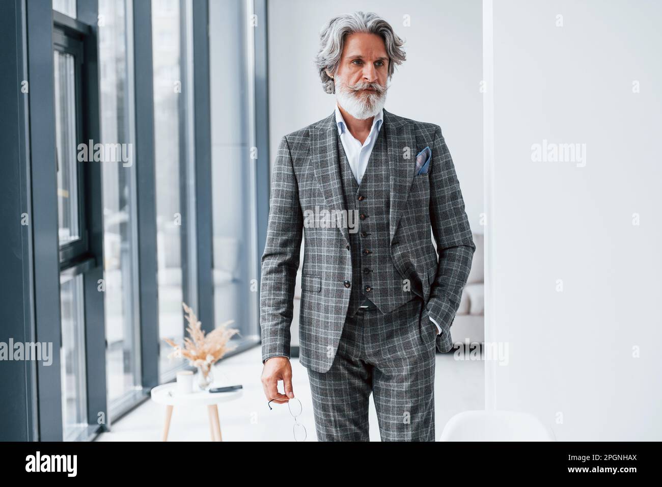 Standing in the room. Senior stylish modern man with grey hair and ...
